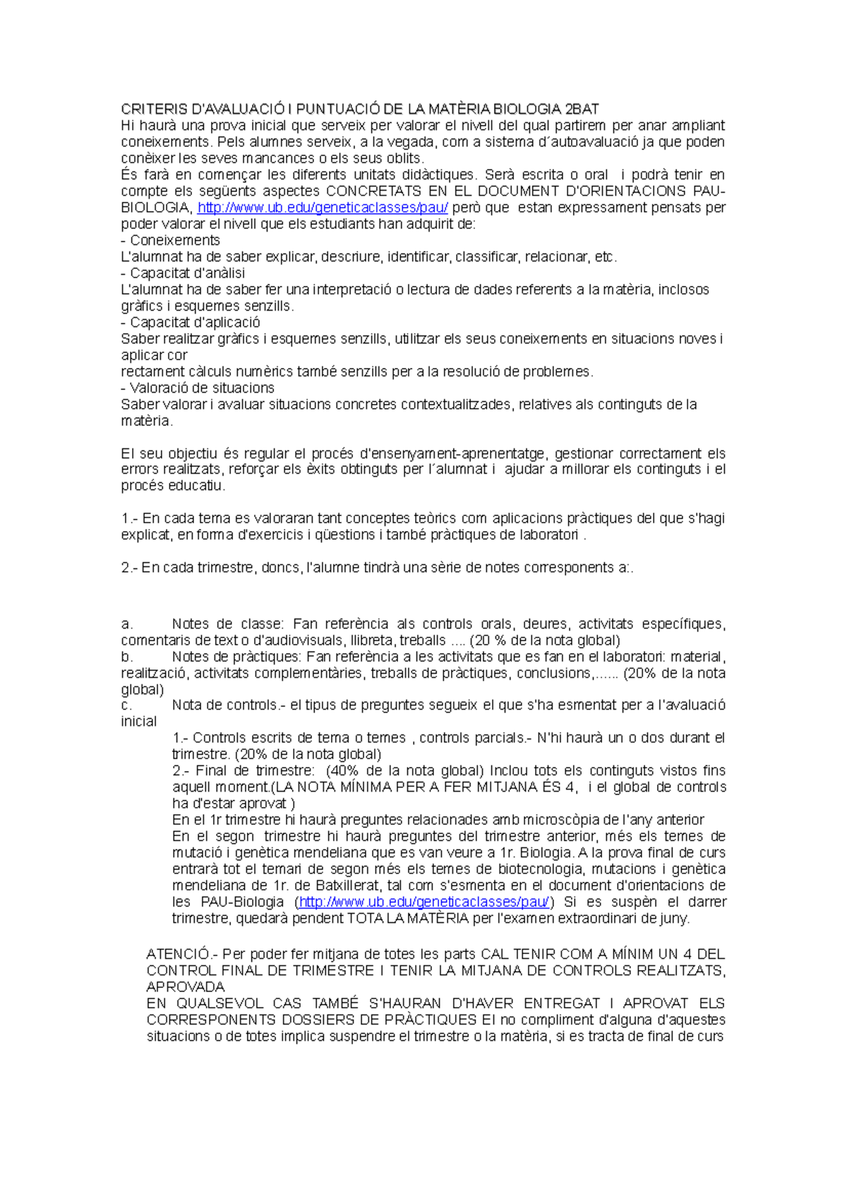 Criteris Davaluacio I Puntuacio Biologia 2 2022 23 Alumnes - CRITERIS D ...