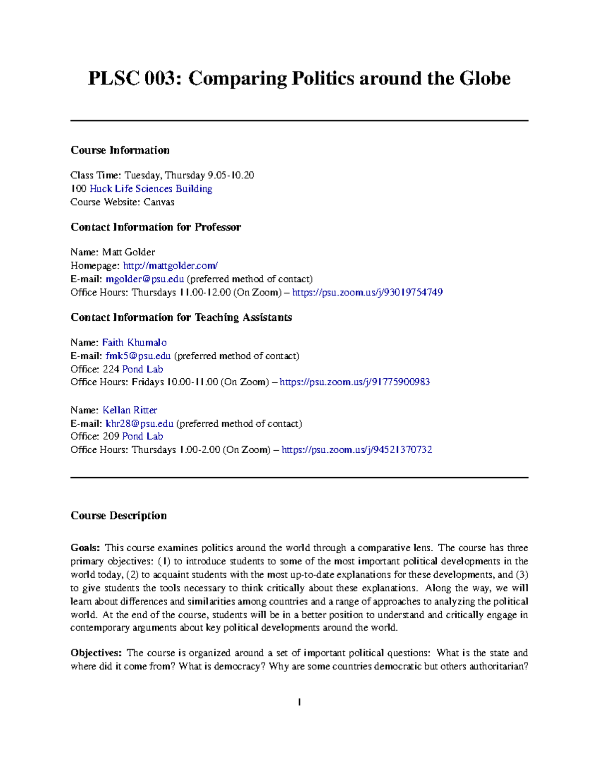 Introduction to Comparative Politics Matt Golder 本科 - PLSC 003 ...