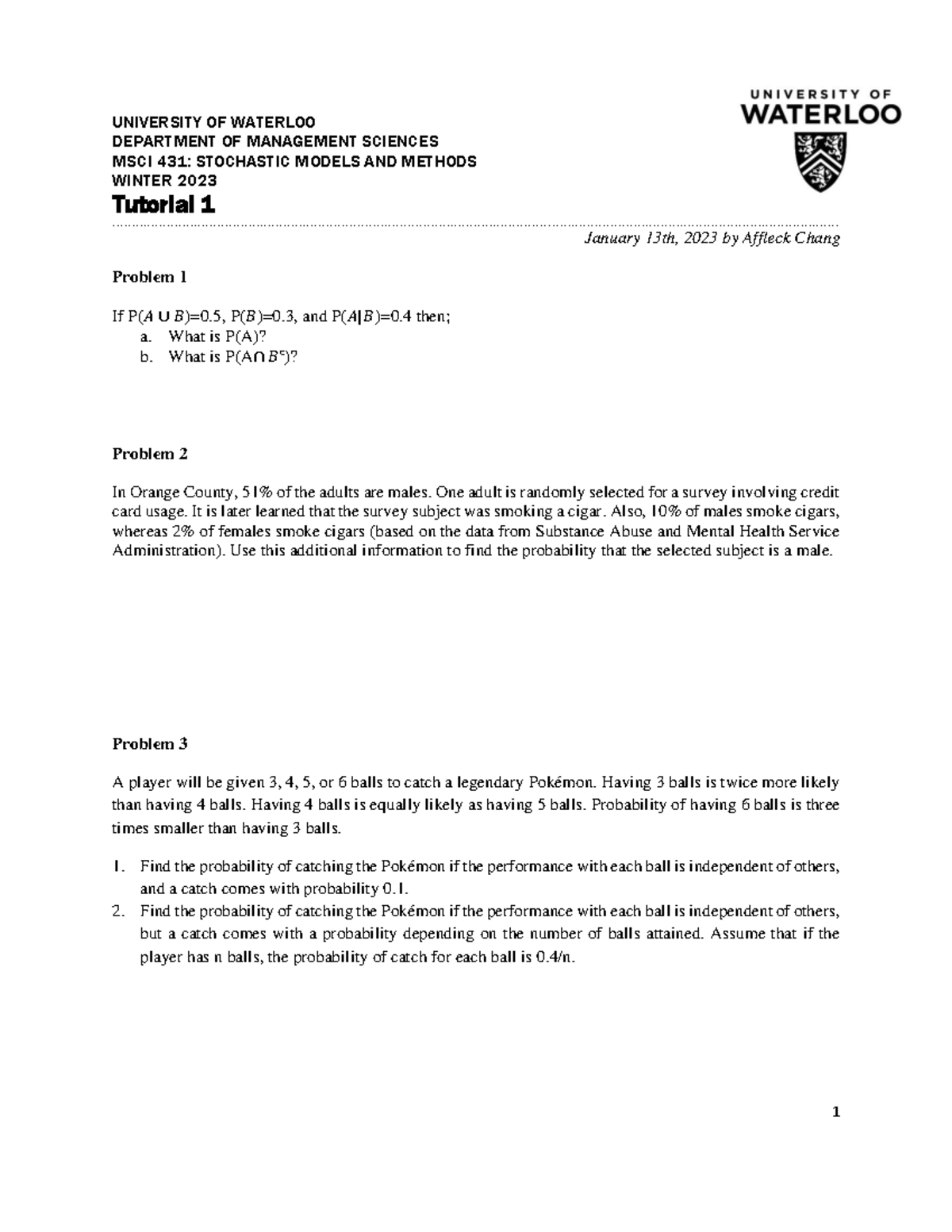 MS431-W23-Tutorial 1 - W/o solution - 1 UNIVERSITY OF WATERLOO ...