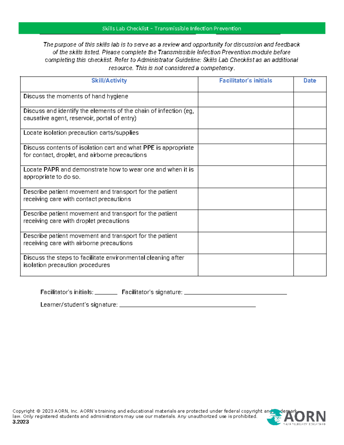Skills Lab Checklist Transmissible Infection Prevention - Name: - Studocu