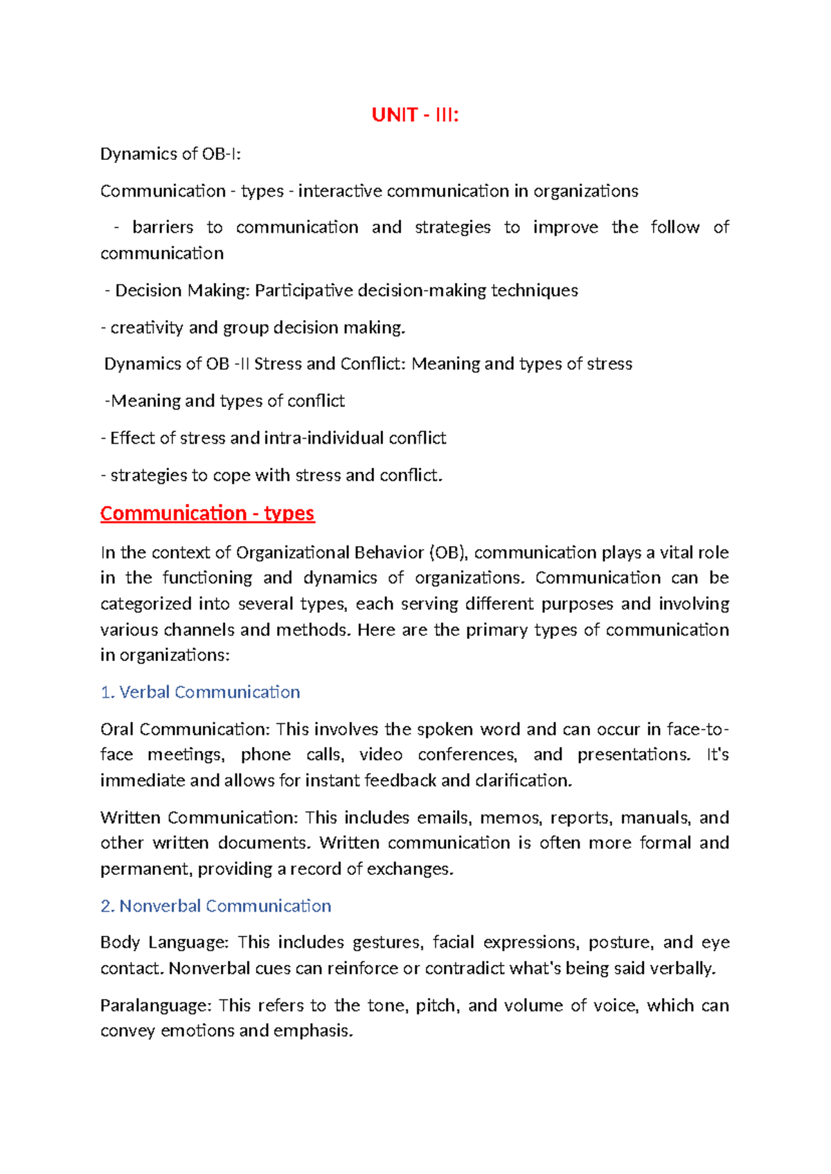 OB-UNIT-3 - Lecture notes - UNIT - III: Dynamics of OB-I: Communication ...