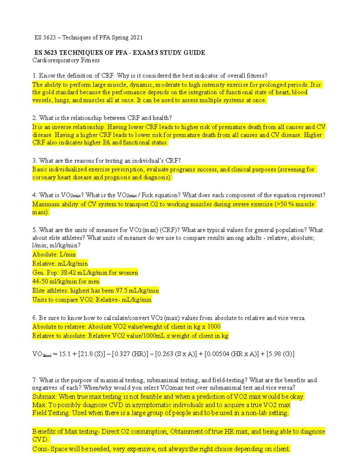 Exam 3 study guide - ES 3623 – Techniques of PFA Spring 2021 ES 3623 ...