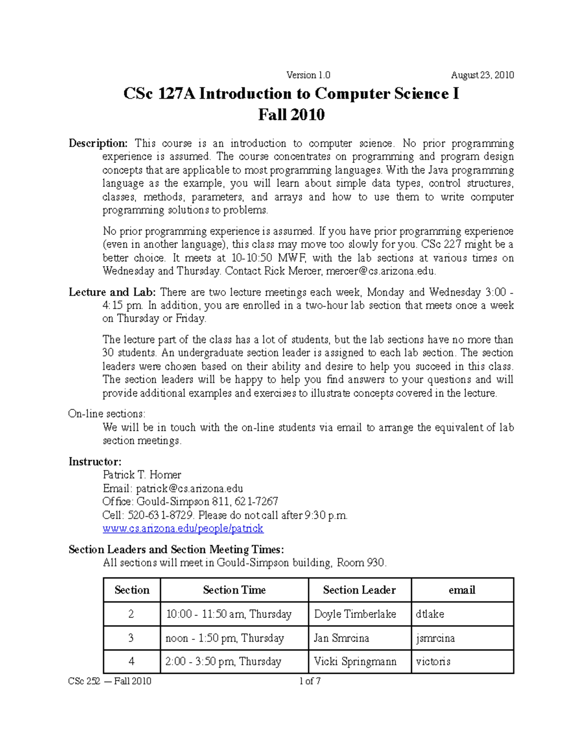 Syllabus - Lab Activities for week - CSc 127A Introduction to Computer Science I Fall 2010 - Studocu