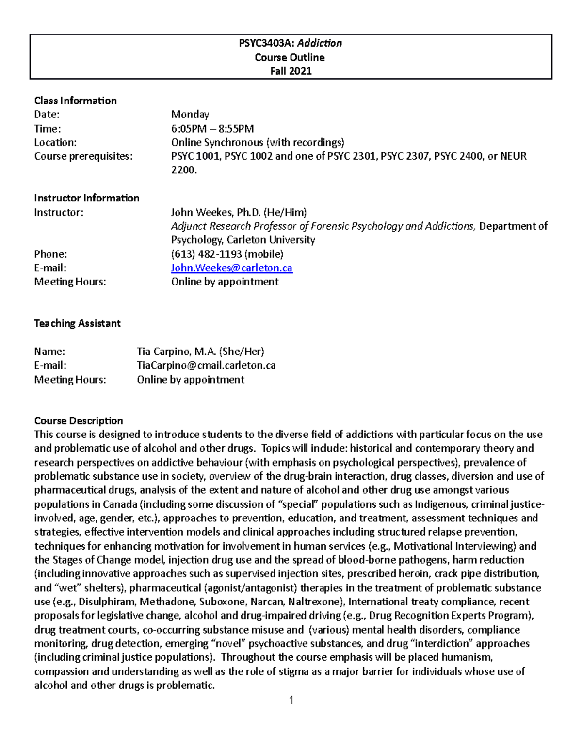 PSYC3403A - Addiction - Fall 2021 Summary for Course - Psyc 3403 ...