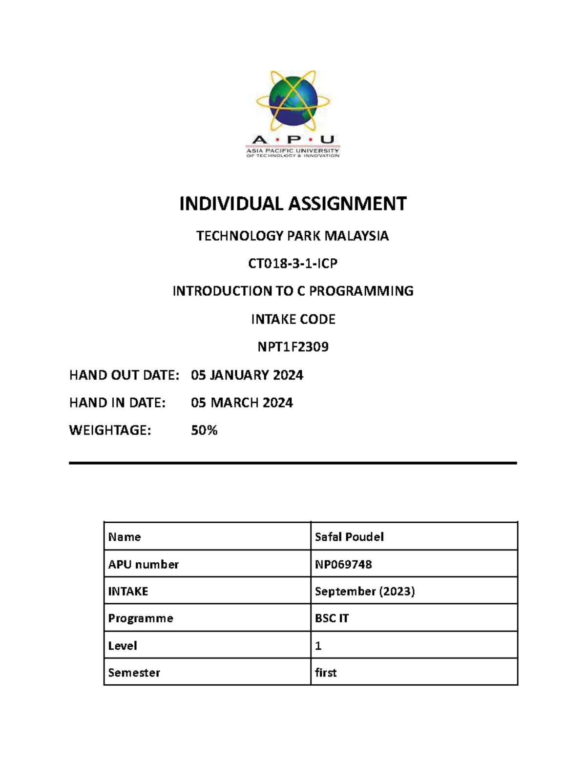 NP069748 Assignmentdocumentation-1 - INDIVIDUAL ASSIGNMENT TECHNOLOGY PARK MALAYSIA CT018-3-1 ...