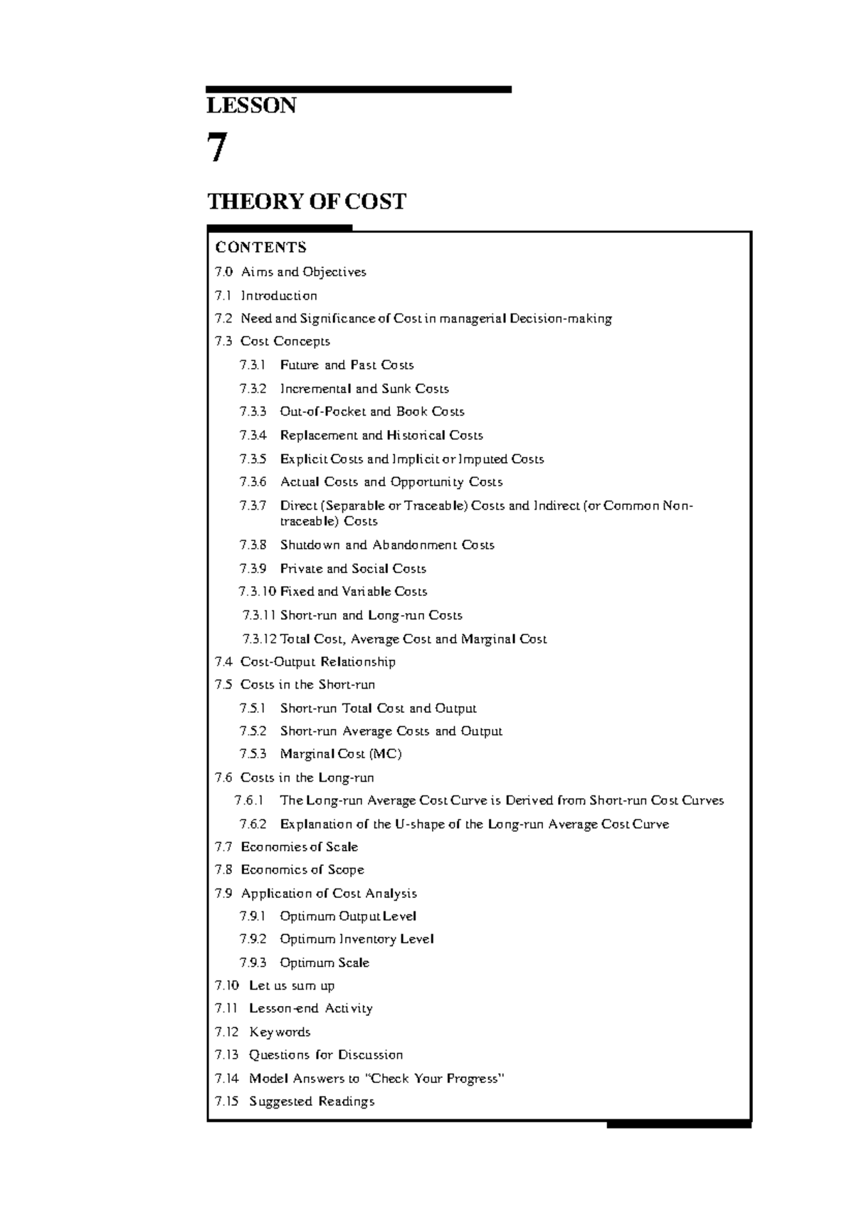 Theory OF COST-07 - 8 4 Managerial Economics LESSON 7 THEORY OF COST ...