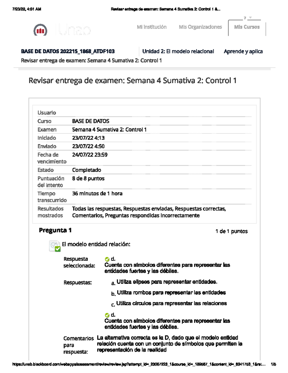 Revisar entrega de examen Semana 4 Sumativa 2 Control 1 & - Base de datos - Studocu