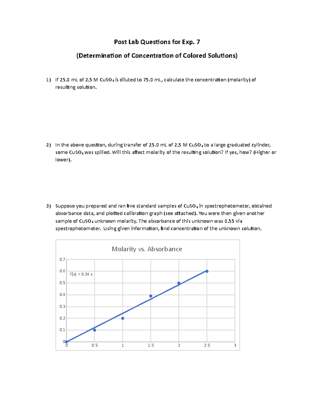 Post Lab Questions for Exp 7 (Determination of Concentration of Colored ...