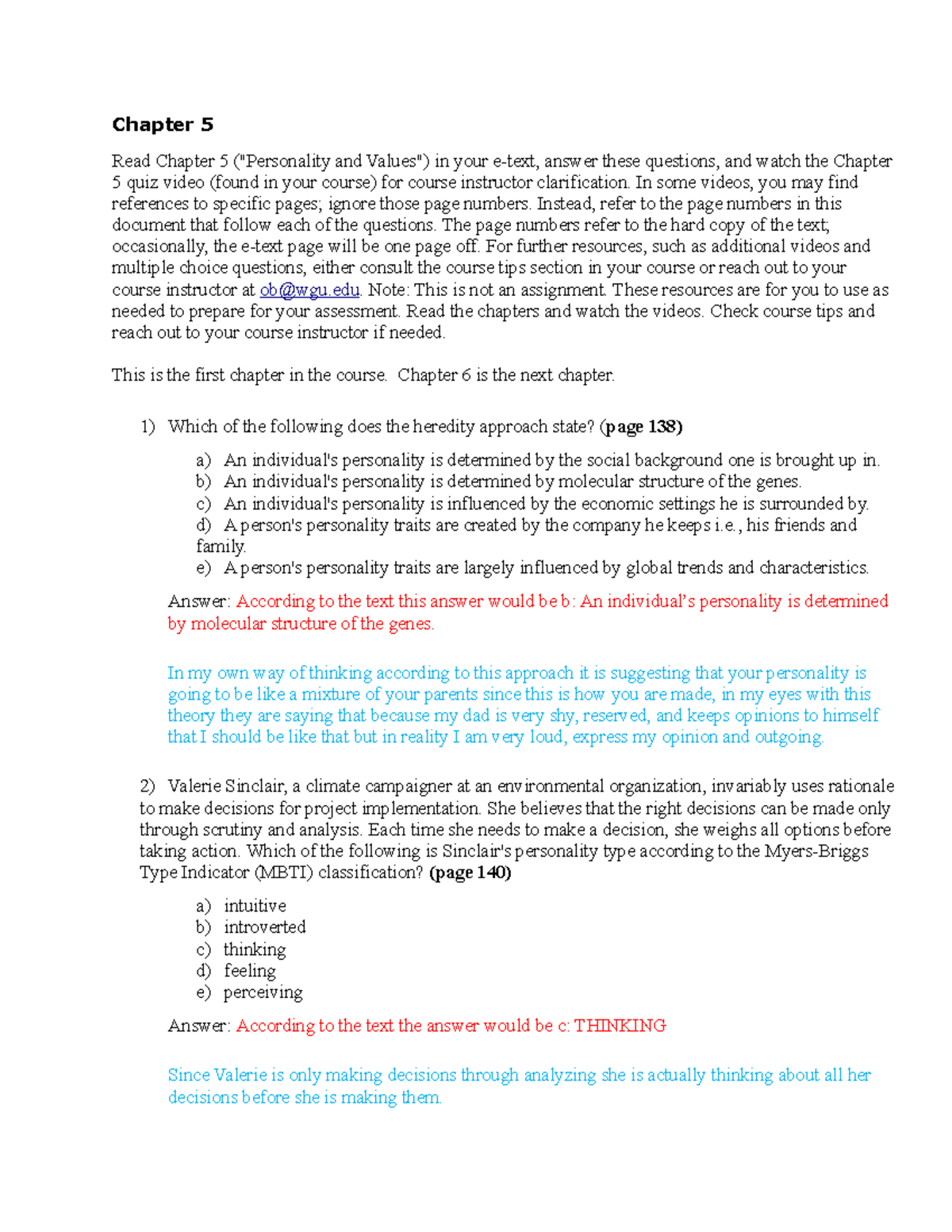 Chapter 5 questions - Chapter 5 Read Chapter 5 ("Personality and Values ...