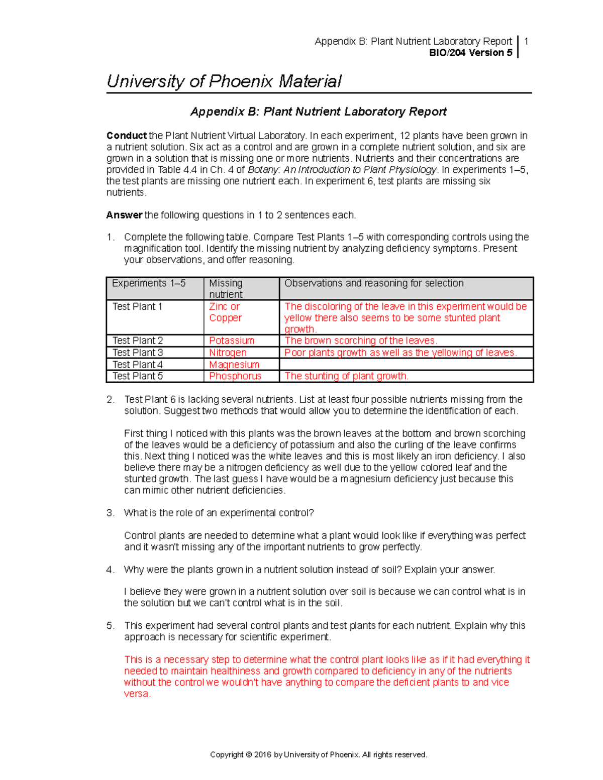 Bio204r5 Appendix B - Appendix B: Plant Nutrient Laboratory Report ...