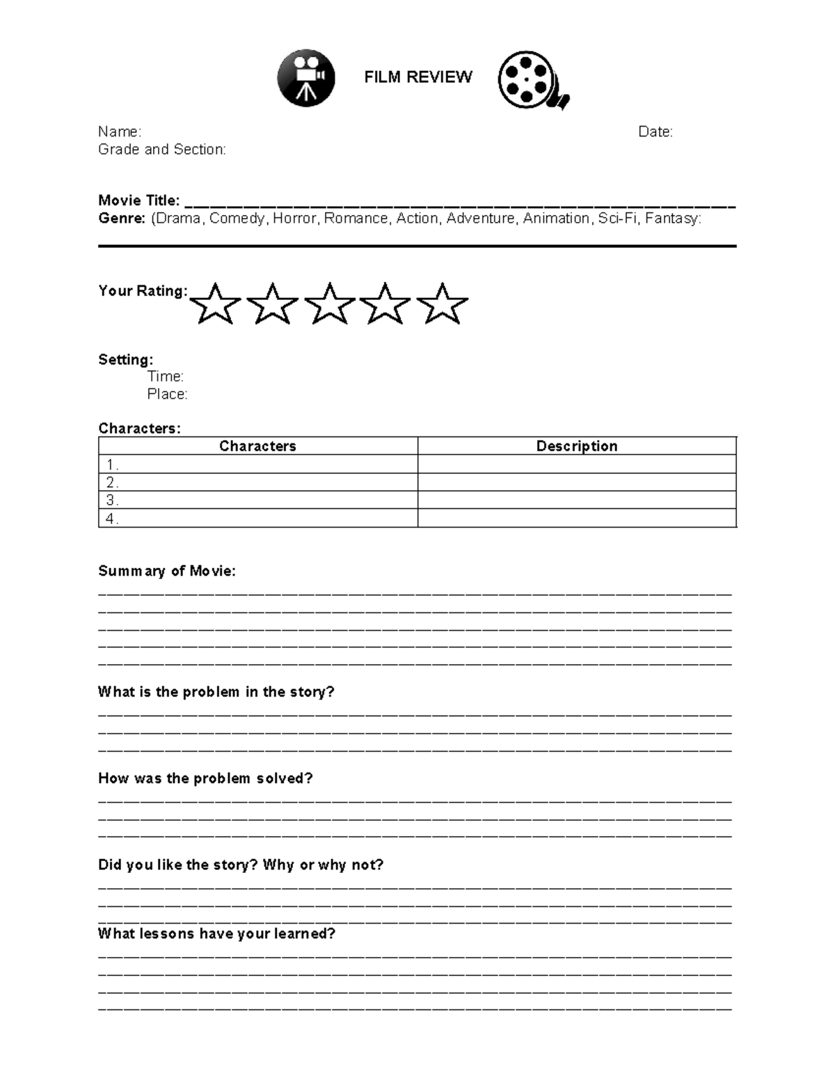 Film-Review-Form - film review - FILM REVIEW Name: Date: Grade and ...