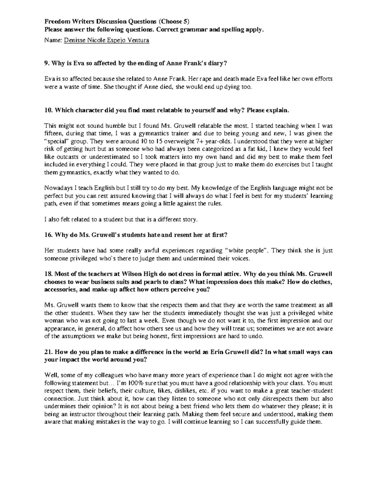 Denisse Espejo - Freedom Writers Discussion Questions - Freedom Writers ...