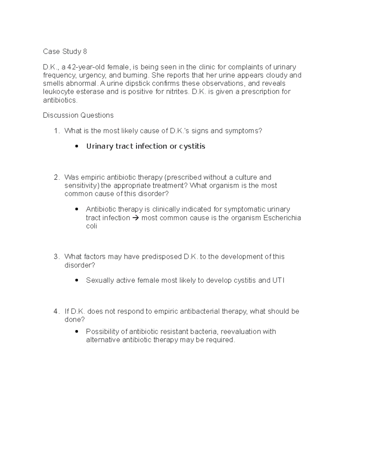 Case Study 8 - Urinary Disorders - Case Study 8 D., a 42-year-old ...