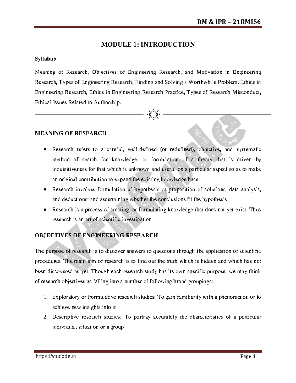 @vtucode - Nothing - MODULE 1: INTRODUCTION Syllabus Meaning of Research, Objectives of ...