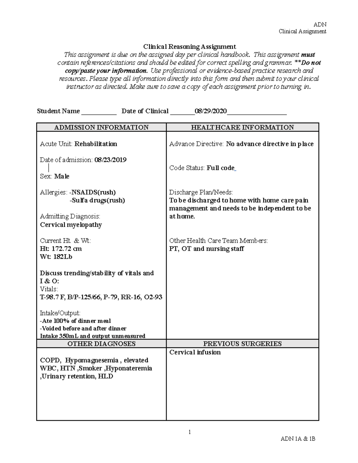 A - Clinical tools - Clinical Assignment Clinical Reasoning Assignment ...