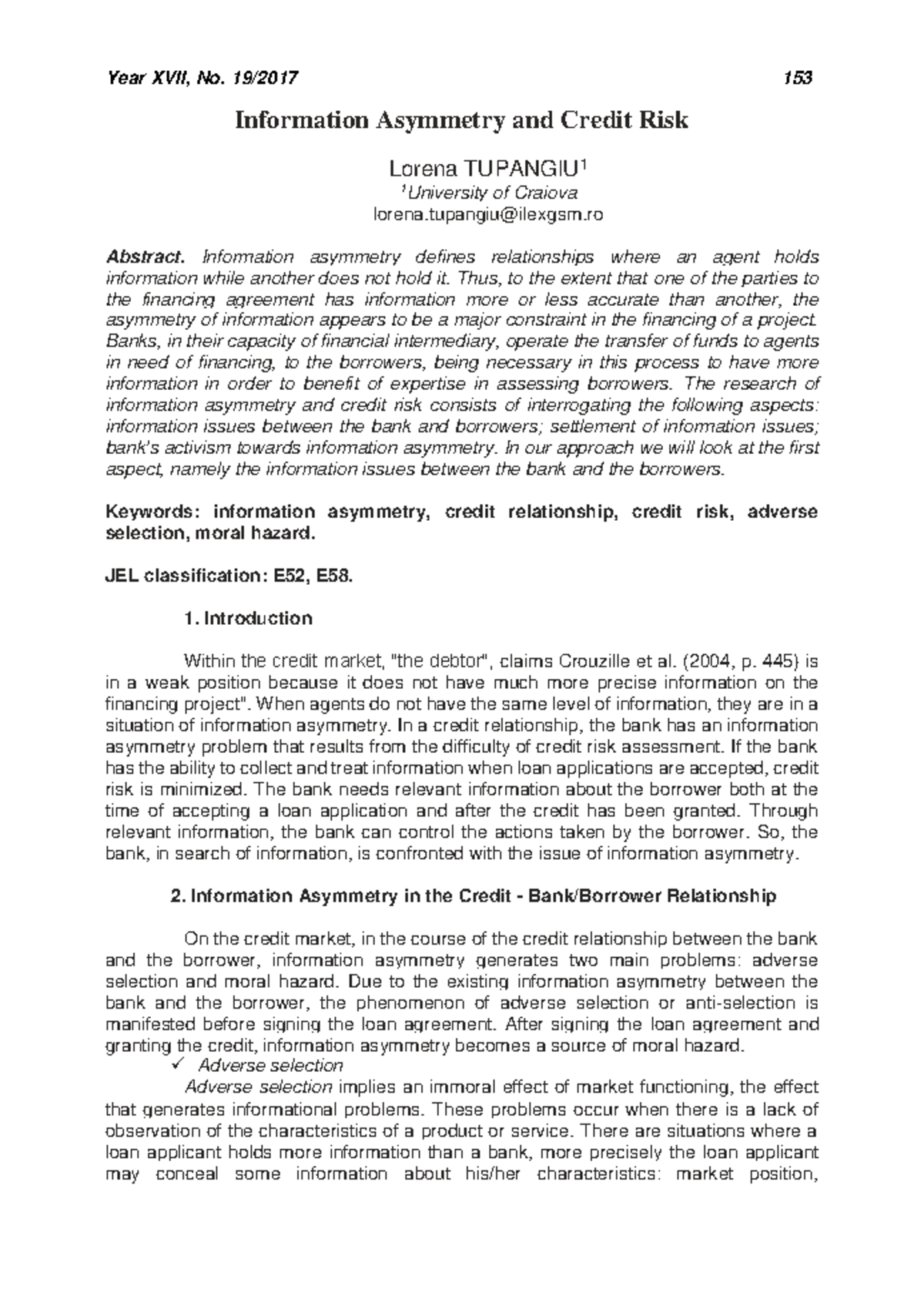 Information Asymmetry and Credit Risk - Year XVII, No. 19/2017 153 ...