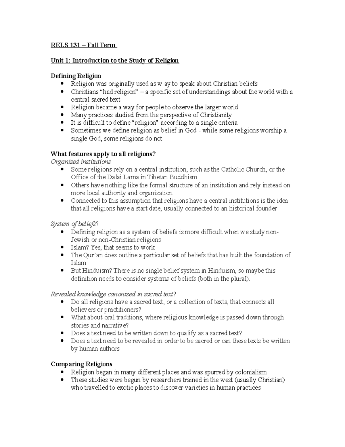 World Religions - Summary - RELS 131 - RELS 131 – Fall Term Unit 1 ...