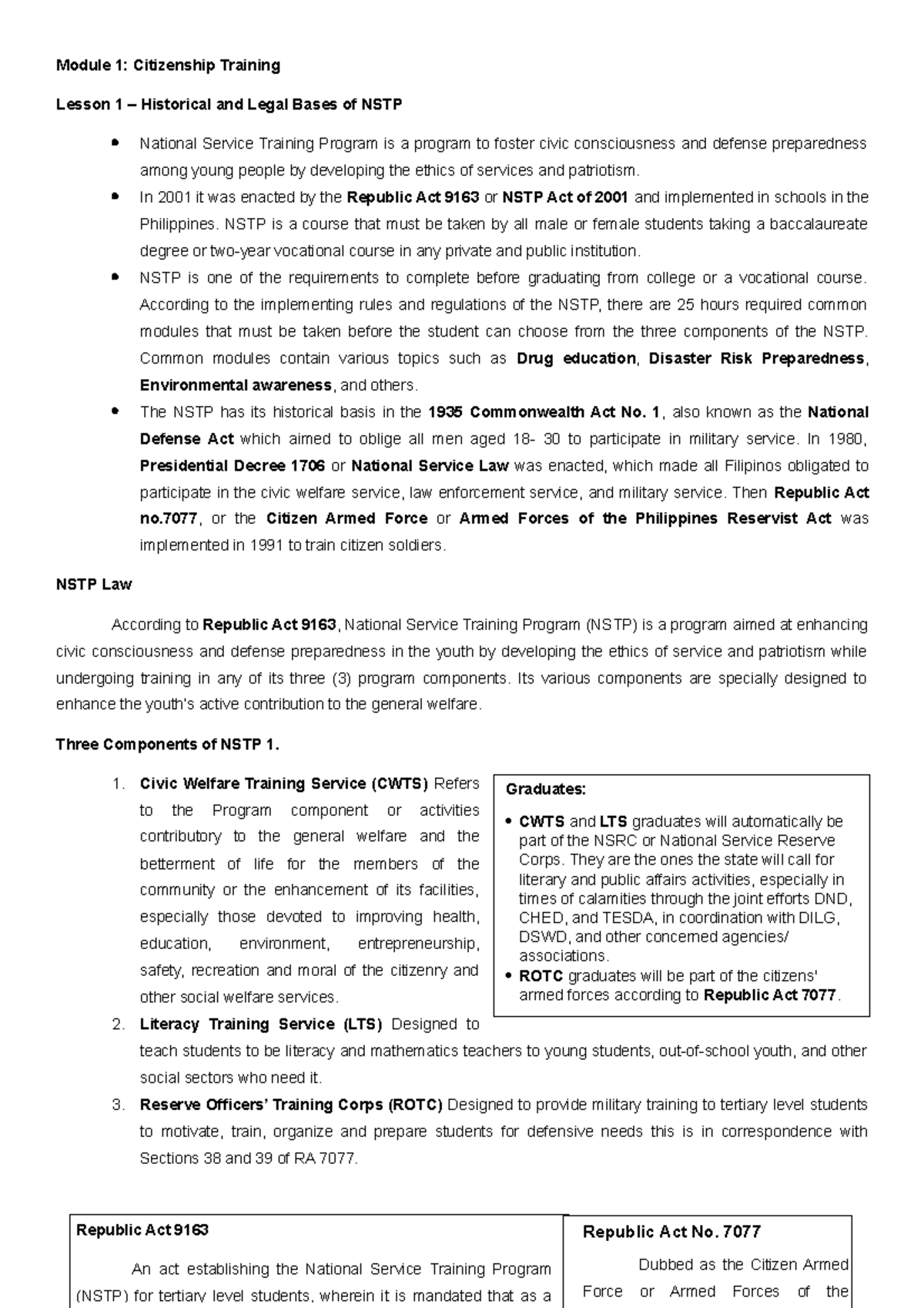 NSTP 1 Review Notes - Module 1: Citizenship Training Lesson 1 ...
