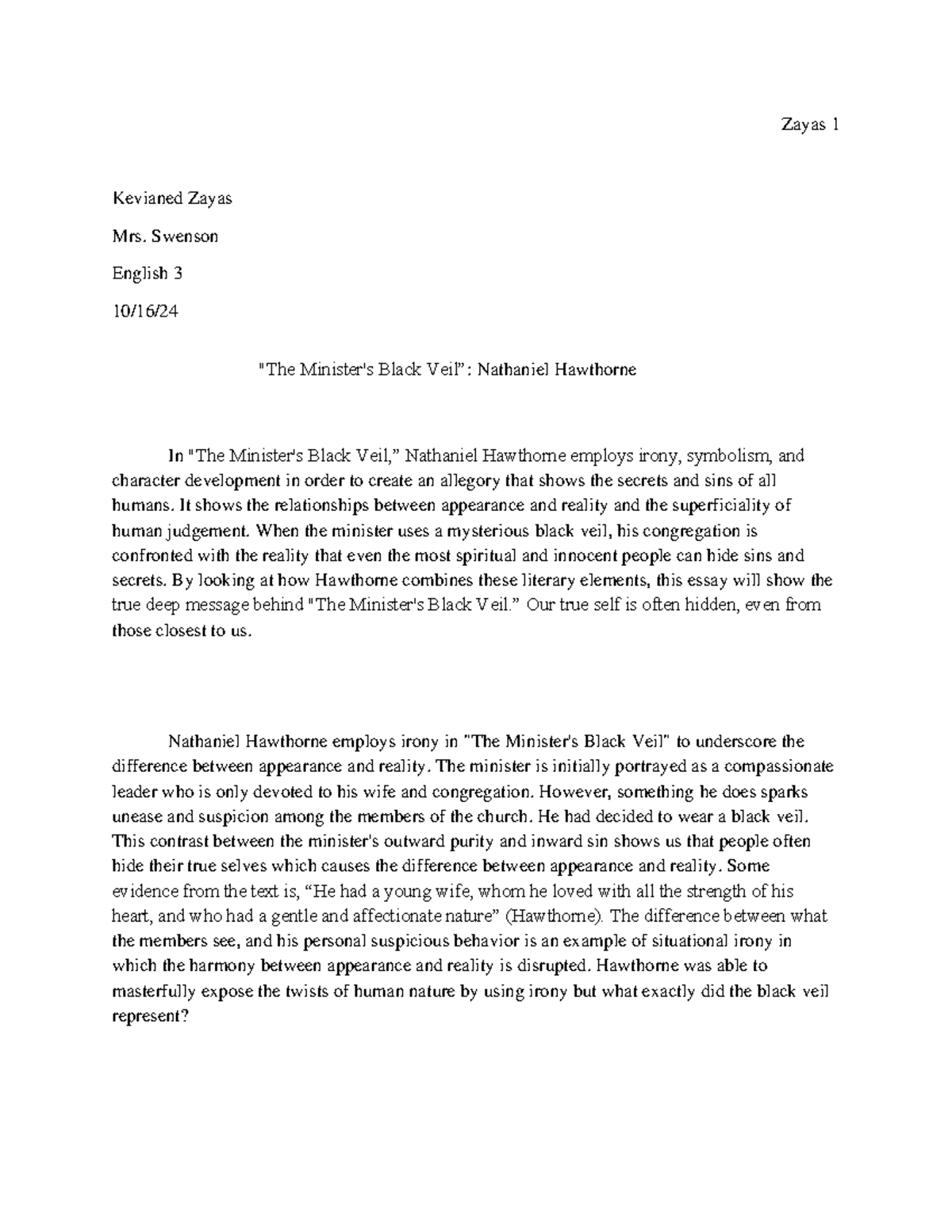 3.05 ENG 3 Essay - Zayas 1 Kevianed Zayas Mrs. Swenson English 3 10 ...