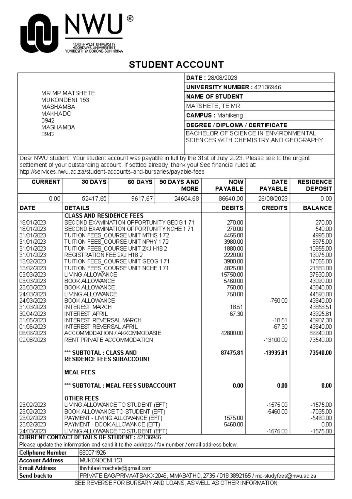 3 - nche 171 - STUDENT ACCOUNT DATE DETAILS UNIVERSITY NUMBER ...