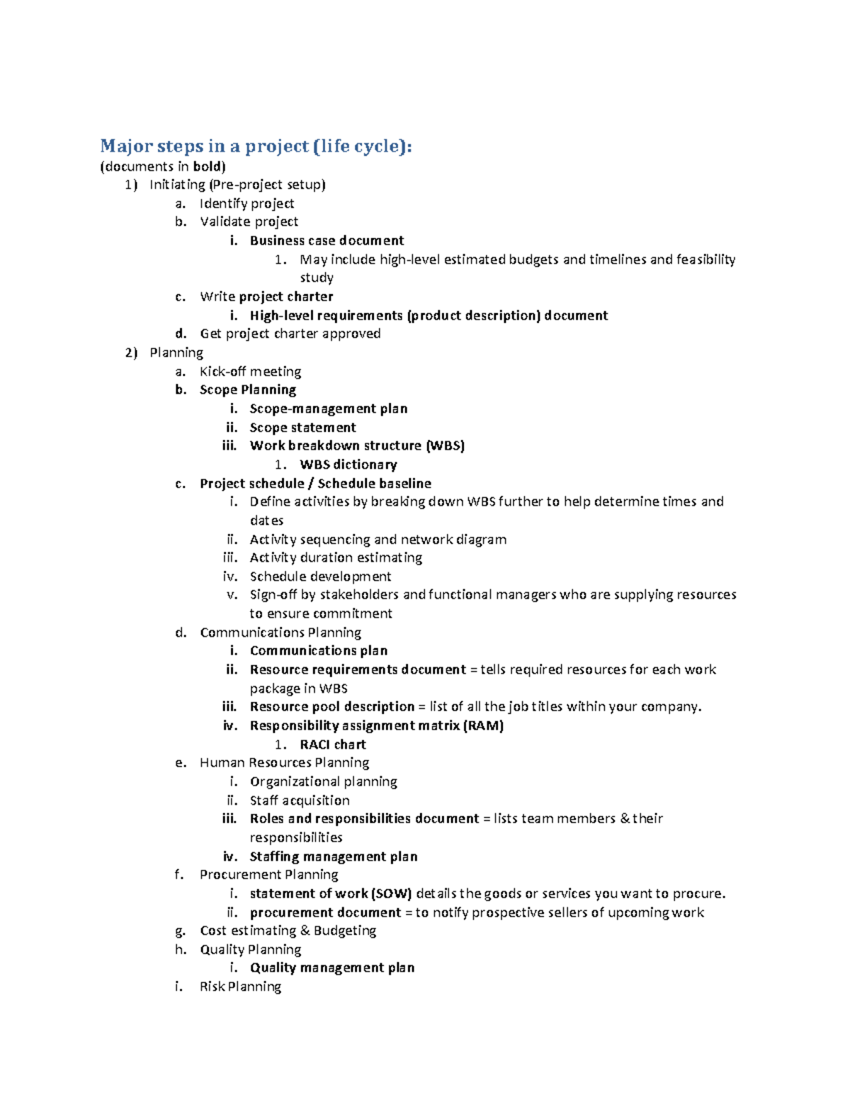 Five Phases Outline - Major steps in a project (life cycle): (documents ...