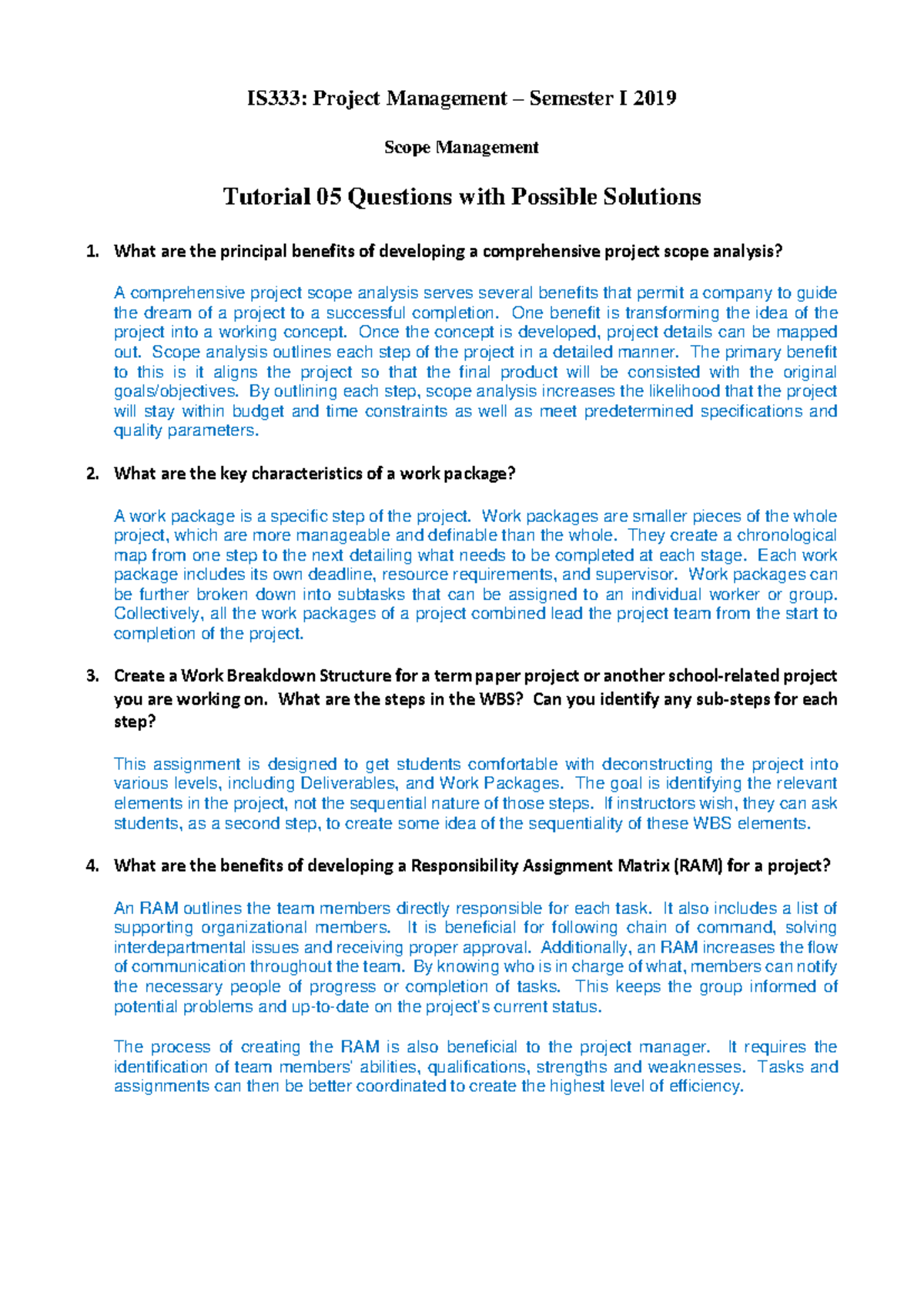 Tutorial 05 with Questions and Possible Solutions - IS333: Project Management – Semester I 2019 ...