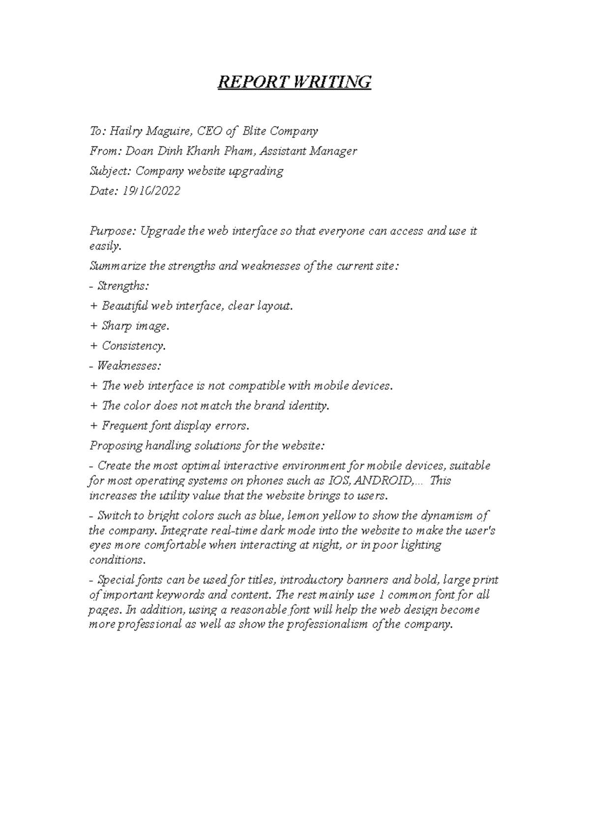 Report Writng - Gud - REPORT WRITING To: Hailry Maguire, CEO of Blite ...