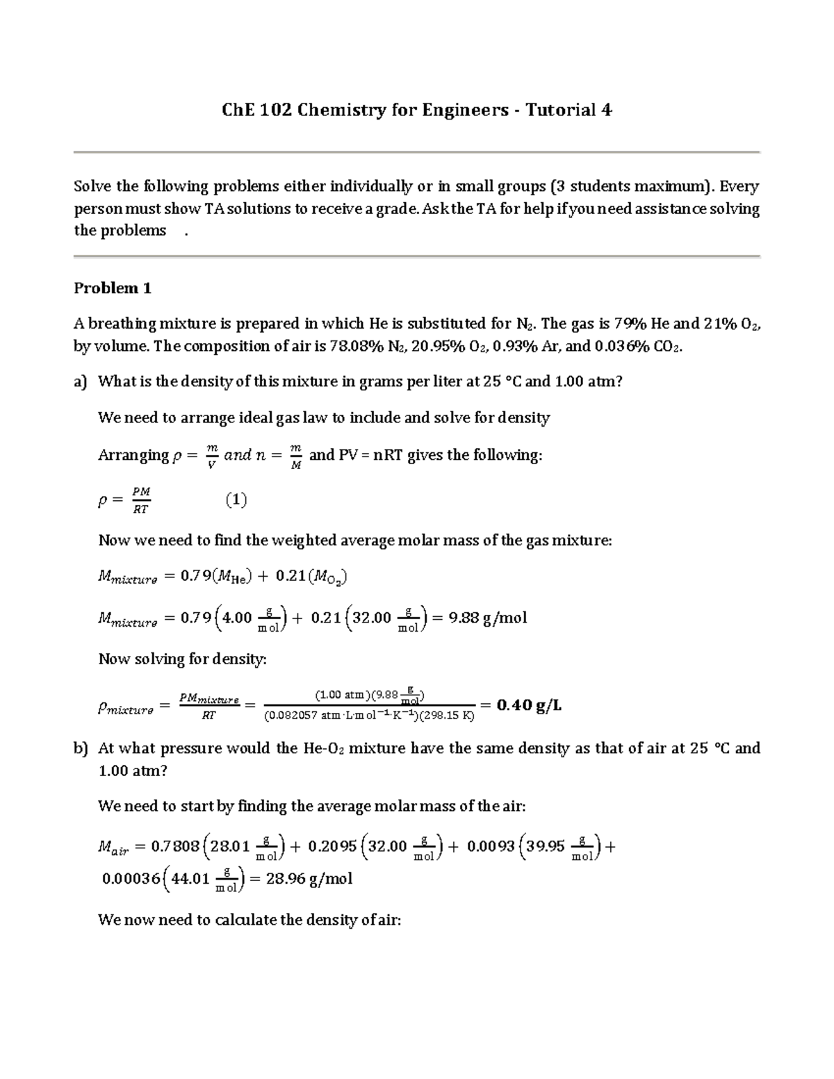 Ch E102 - Tutorial 4 Solutions - ChE 102 Chemistry for Engineers ...