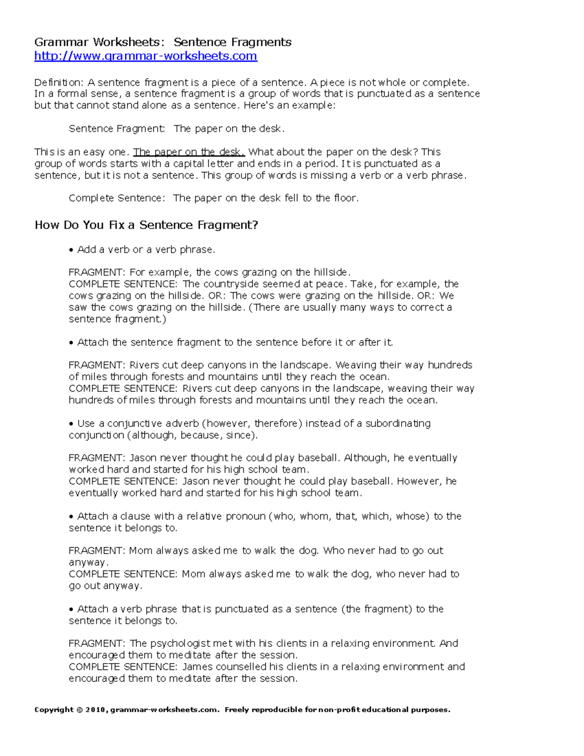 Fragments Explanation - Grammar Worksheets: Sentence Fragments grammar ...