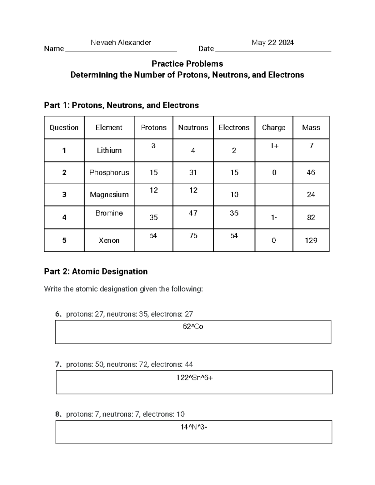 Practice Problems - Determining the Number of Protons, Neutrons, and ...