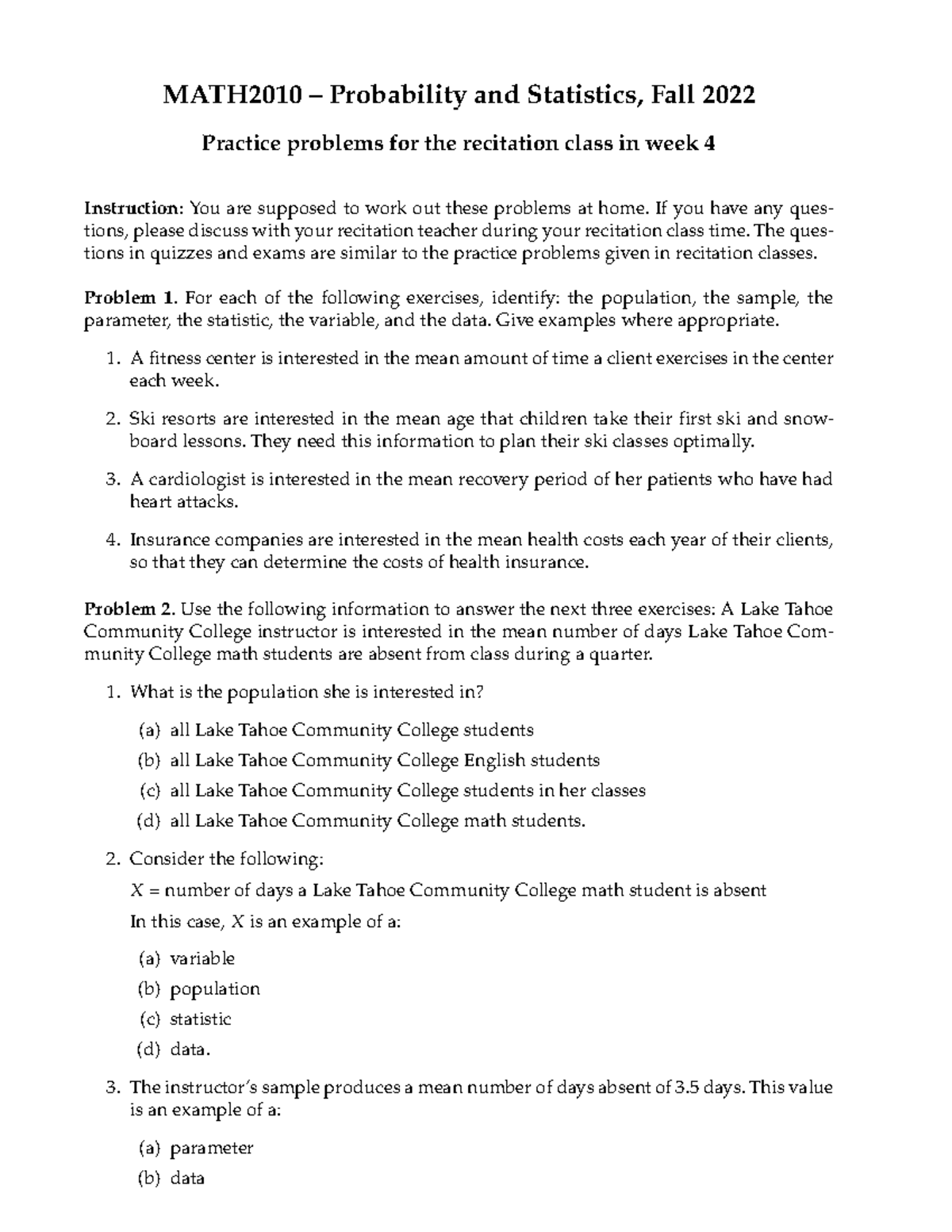 Problem set 3 - Key statistical concepts homework - MATH2010 – Probability and Statistics, Fall ...