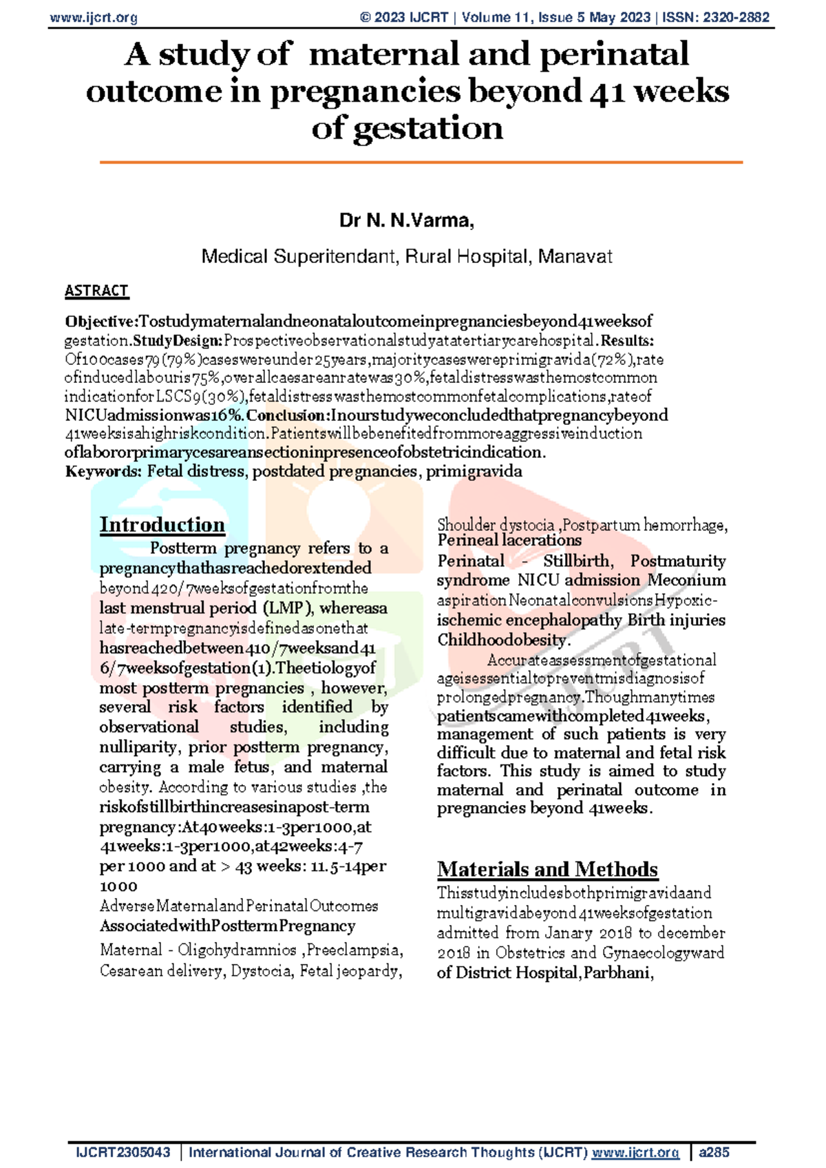 A study of maternal and perinatal outcome in pregnancies beyond 41 weeks of gestation - N ...