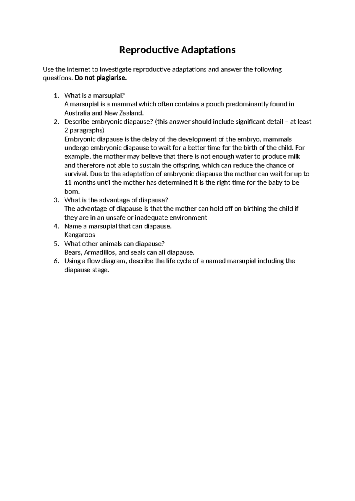 04.Reproductive Adaptations Worksheet - Reproductive Adaptations Use ...