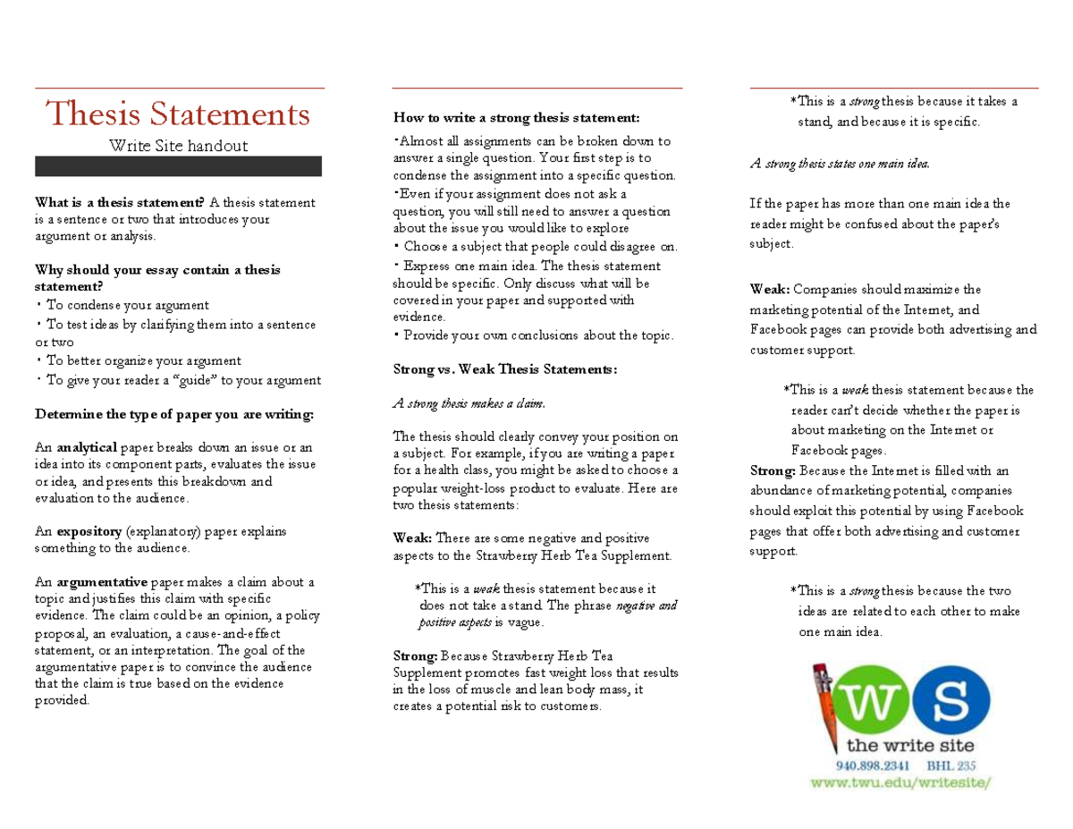 Strong vs Weak Thesis Statements from twu - Thesis Statements Write ...