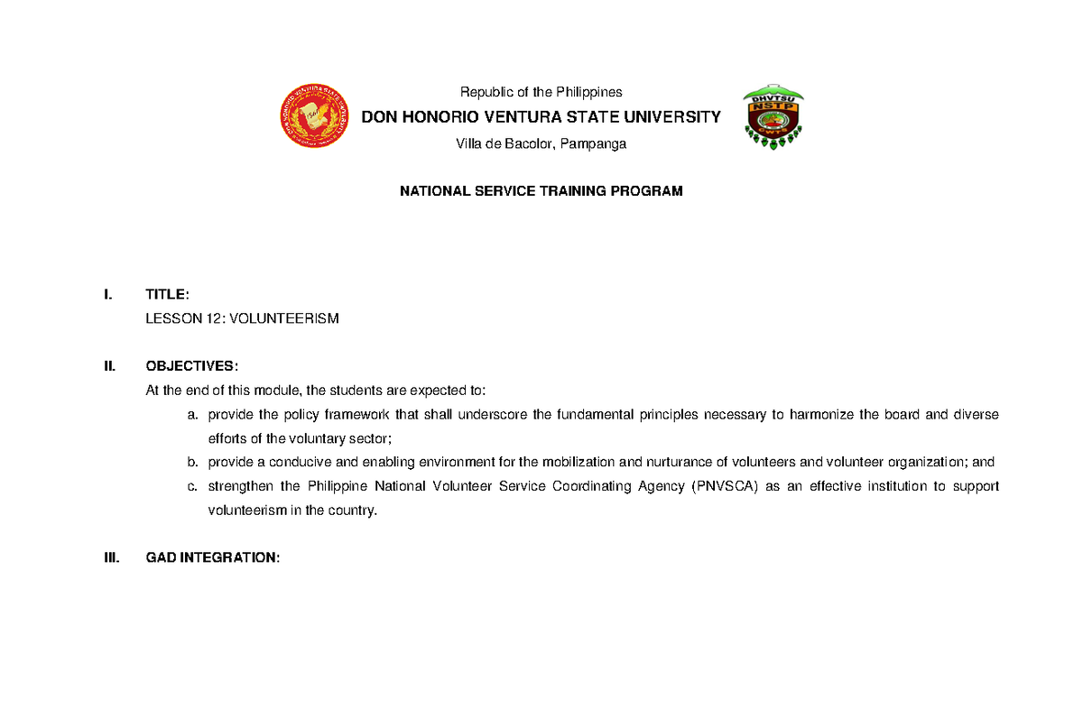 Volunteerism - Notes - Republic of the Philippines DON HONORIO VENTURA ...
