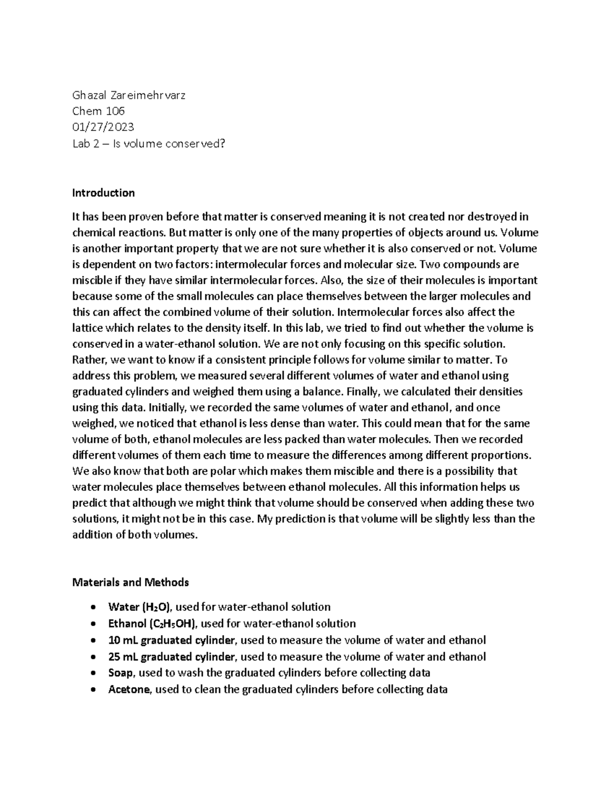 Lab 2-chem 106 hunter college - Ghazal Zareimehrvarz Chem 106 01/27 ...