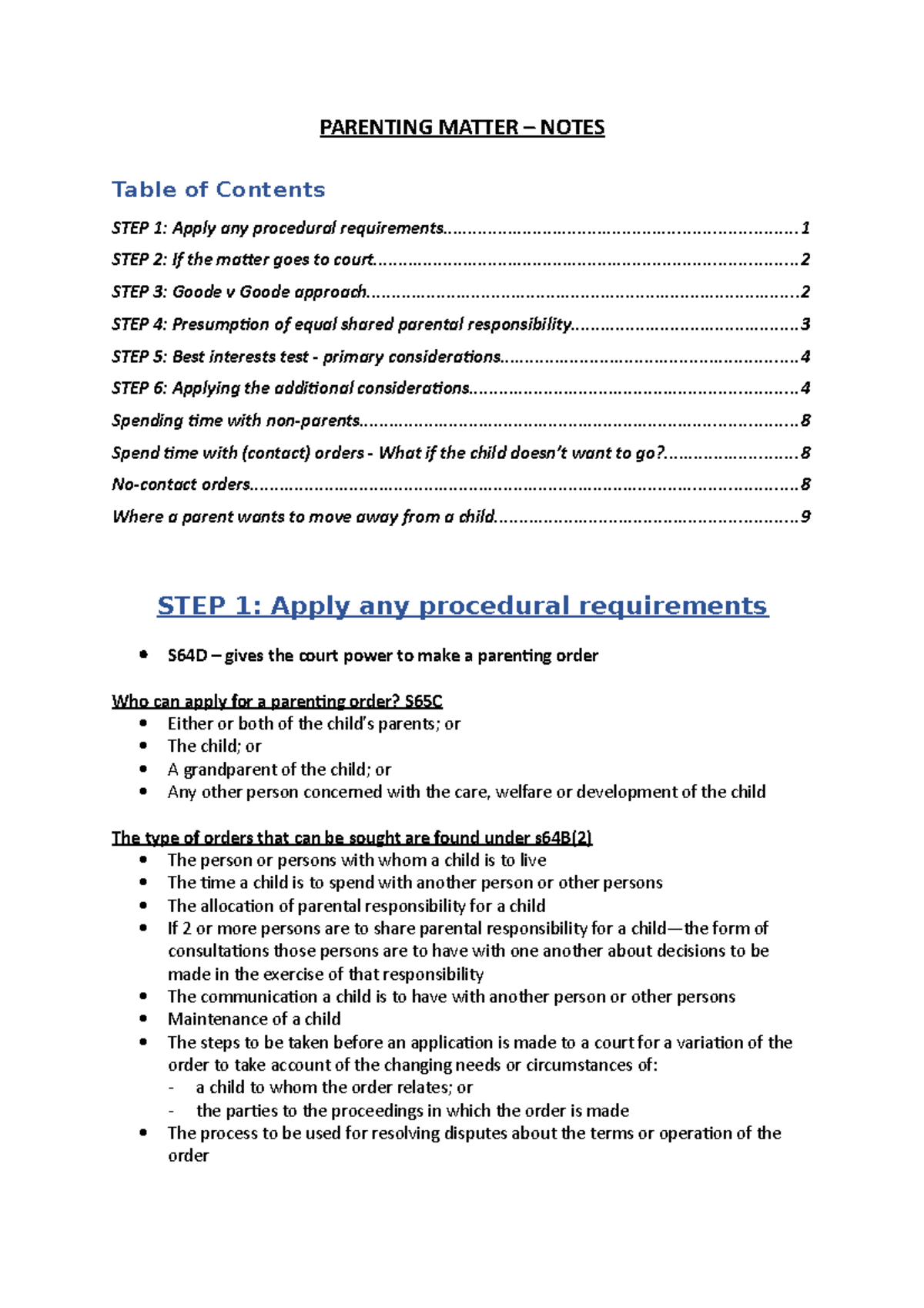 Parenting Exam Notes - PARENTING MATTER – NOTES Table of Contents STEP ...