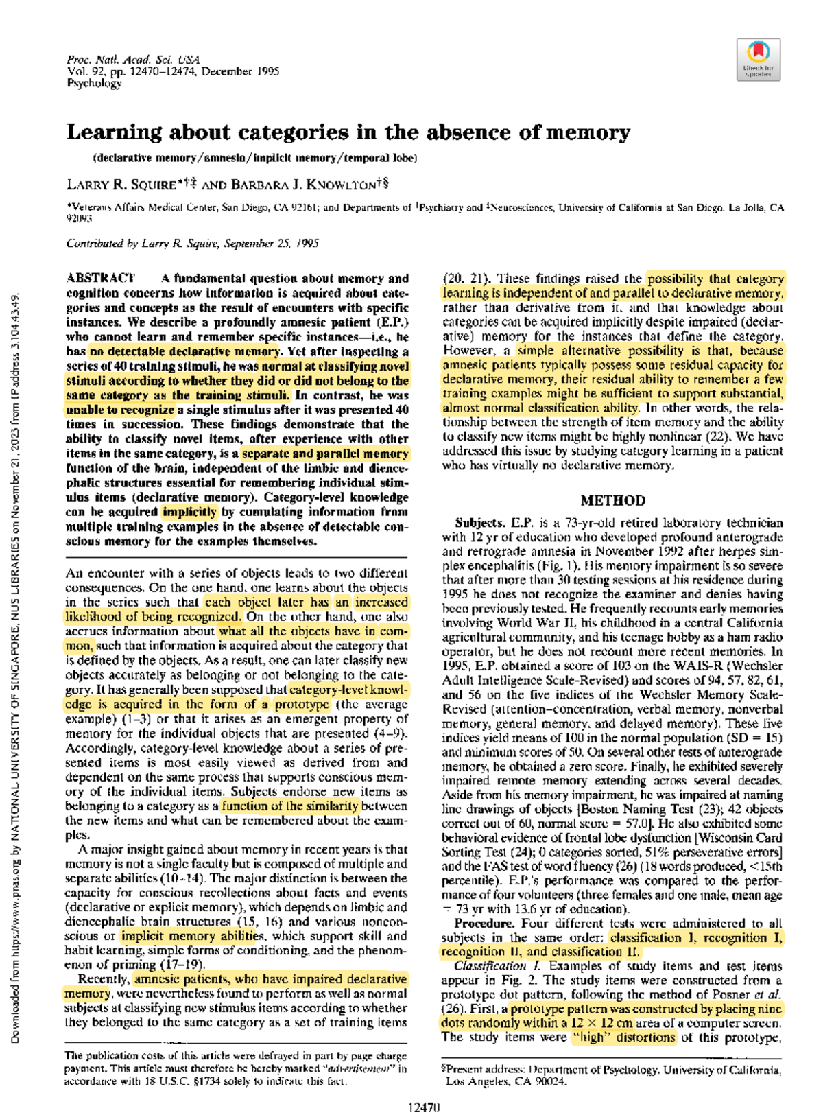 Squire knowlton 1995 learning about categories in the absence of memory ...