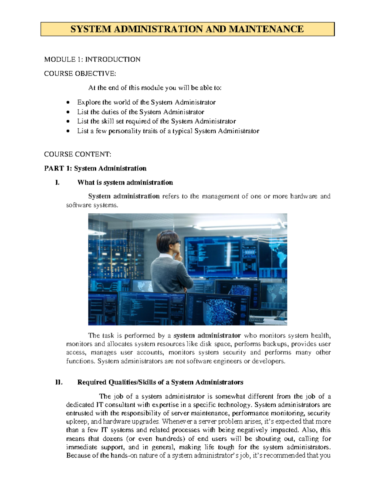 System-administration-lec1 - SYSTEM ADMINISTRATION AND MAINTENANCE MODULE 1: INTRODUCTION COURSE ...