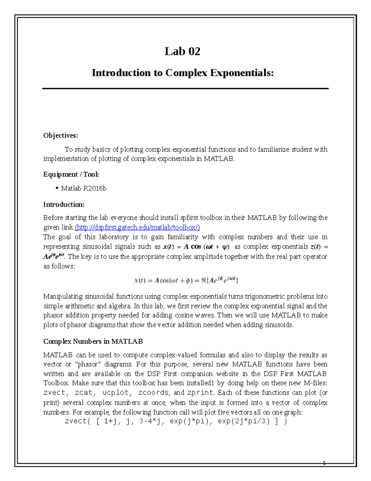 DSP Lab Report 2.docx - Lab 02 Introduction to Complex Exponentials: Objectives: To study basics ...