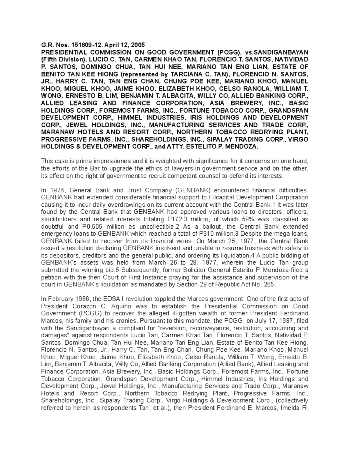 Pcgg vs sandiganbayan - ethics of lawyers - G. Nos. 151809-12. April 12 ...