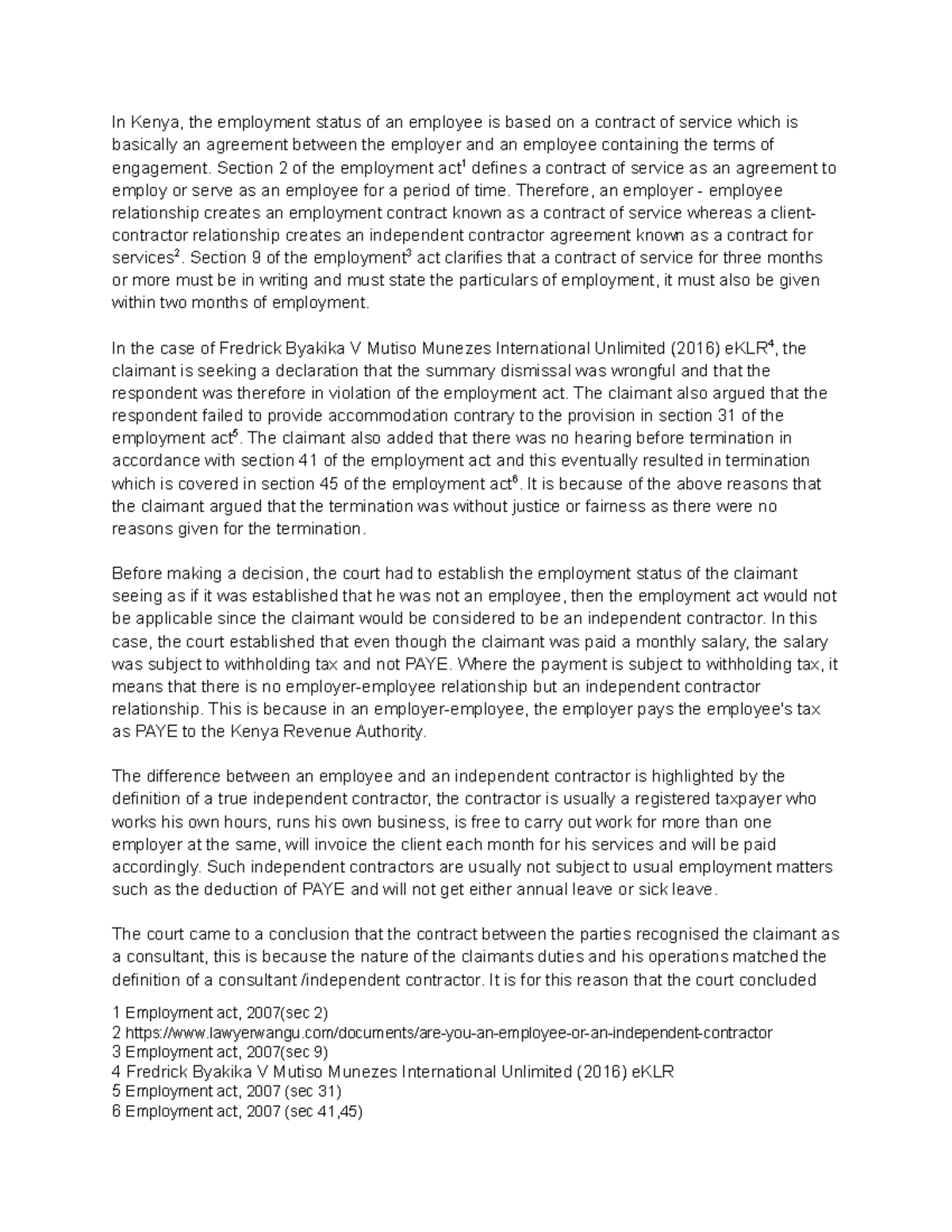 Employment status of employees - In Kenya, the employment status of an ...