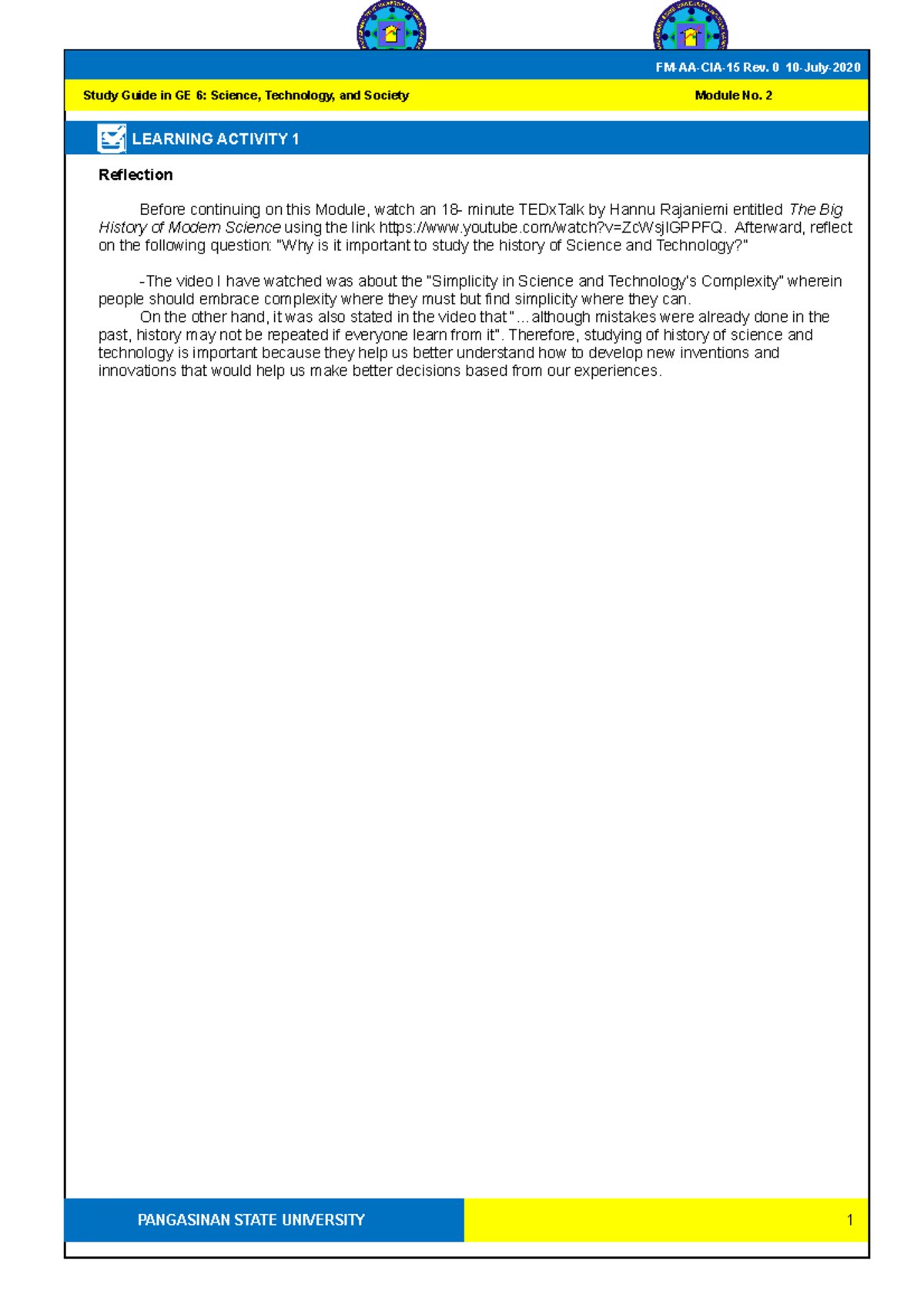 STS Study- Guide-2 - shhh - LEARNING ACTIVITY 1 Reflection Before continuing on this Module ...