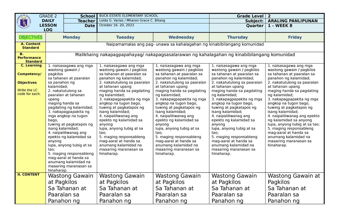 WEEK8-dll-AP - lesson plan - GRADE 2 DAILY LESSON LOG School BUCK ...