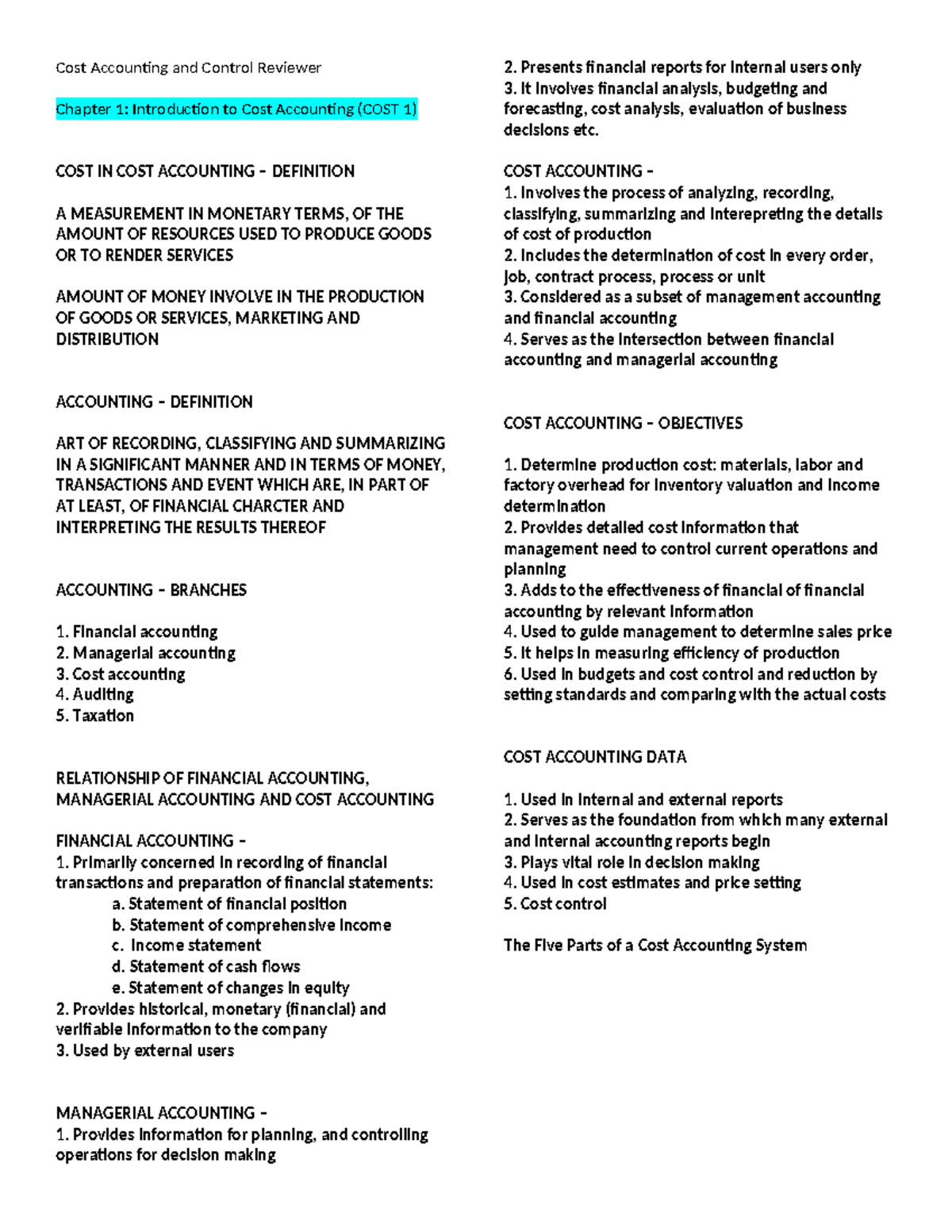 Cost Accounting and Control Reviewer - Cost Accounting and Control ...