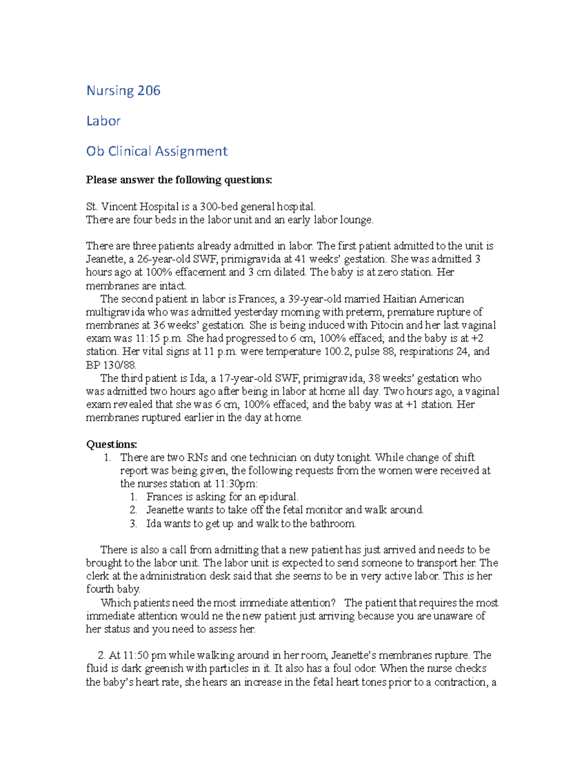 OB Case study KZ - Nursing 206 Labor Ob Clinical Assignment Please ...
