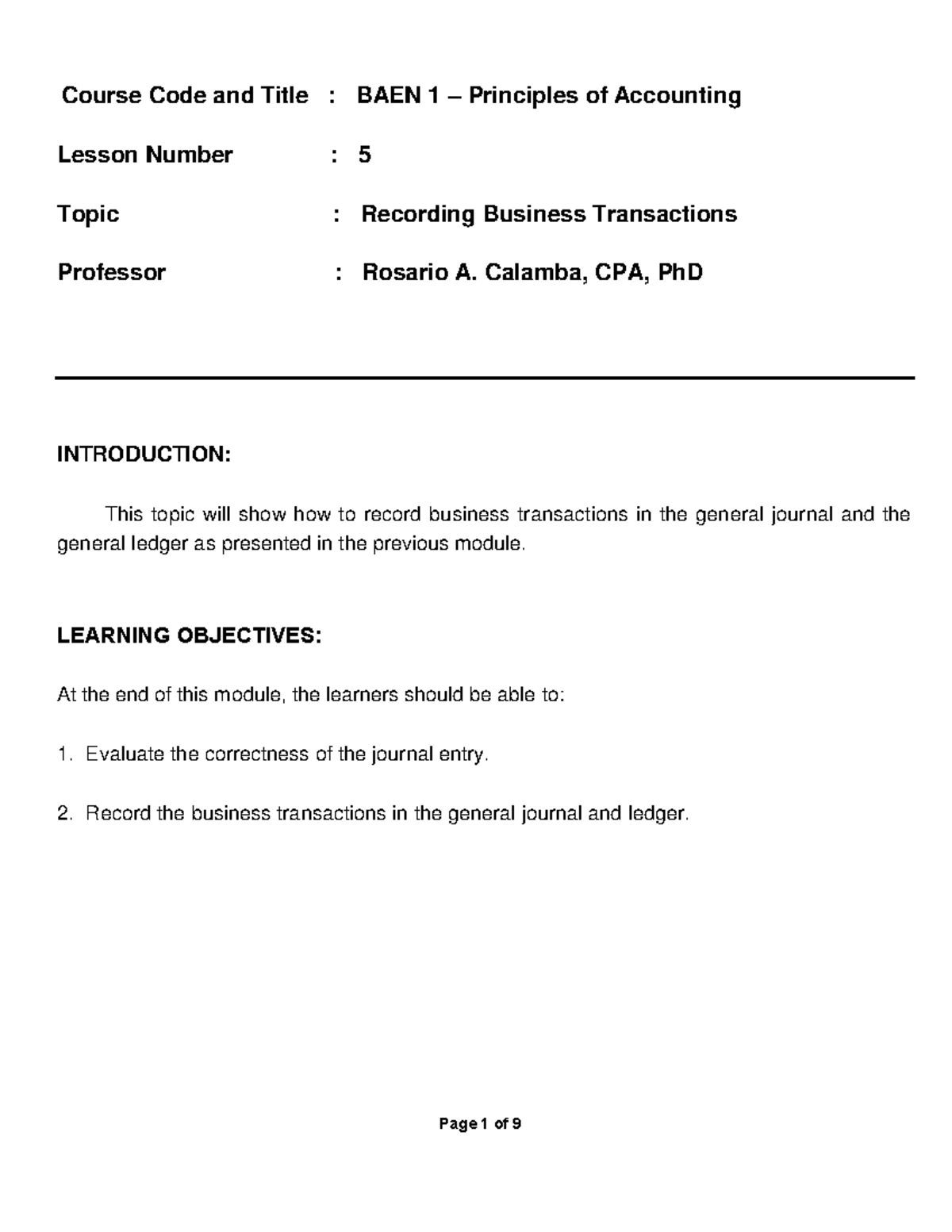 Module 5 Recording of Business Transactions BSBA - Course Code and ...