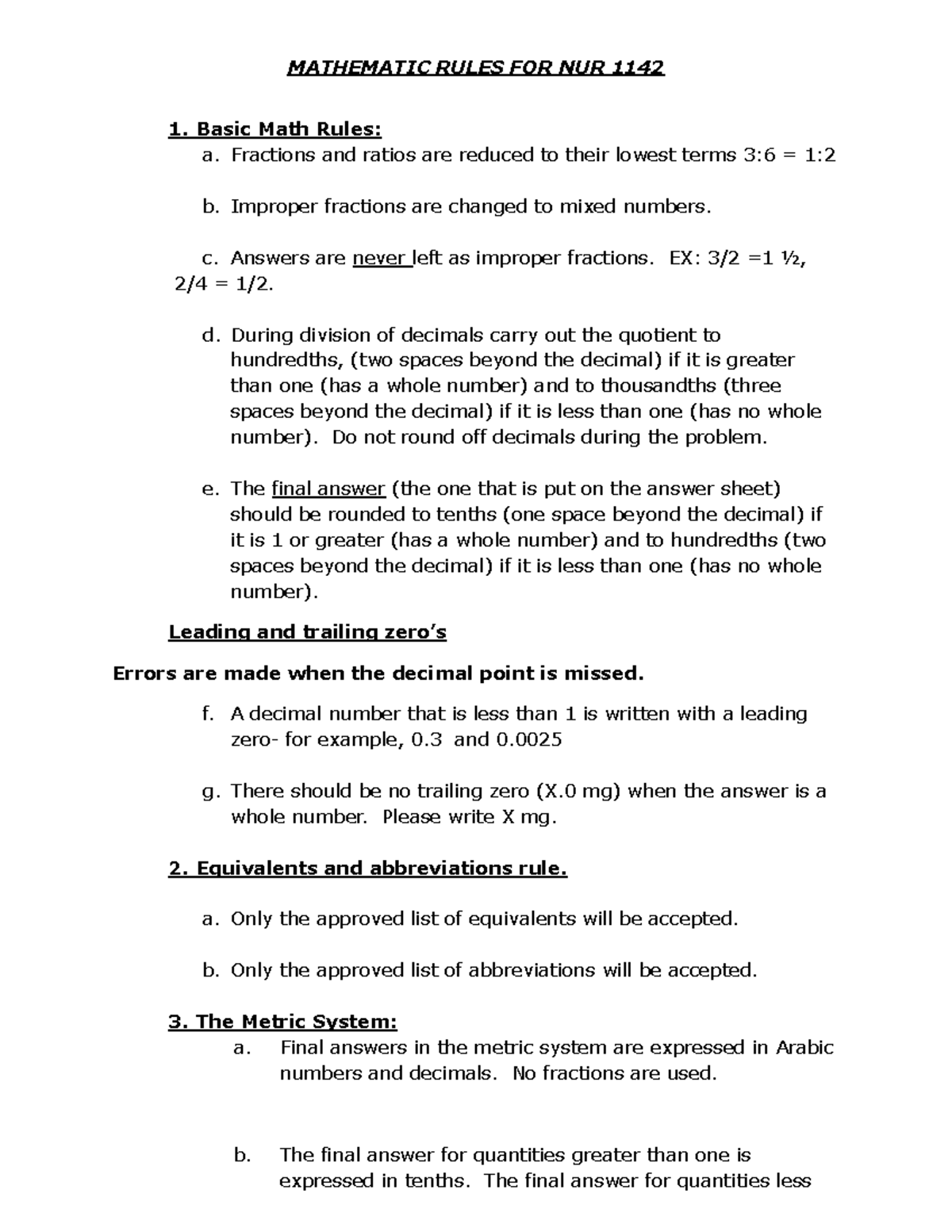 Mathematic AND Labeling Rules FOR NUR 1142 updated 5-2019 - MATHEMATIC ...