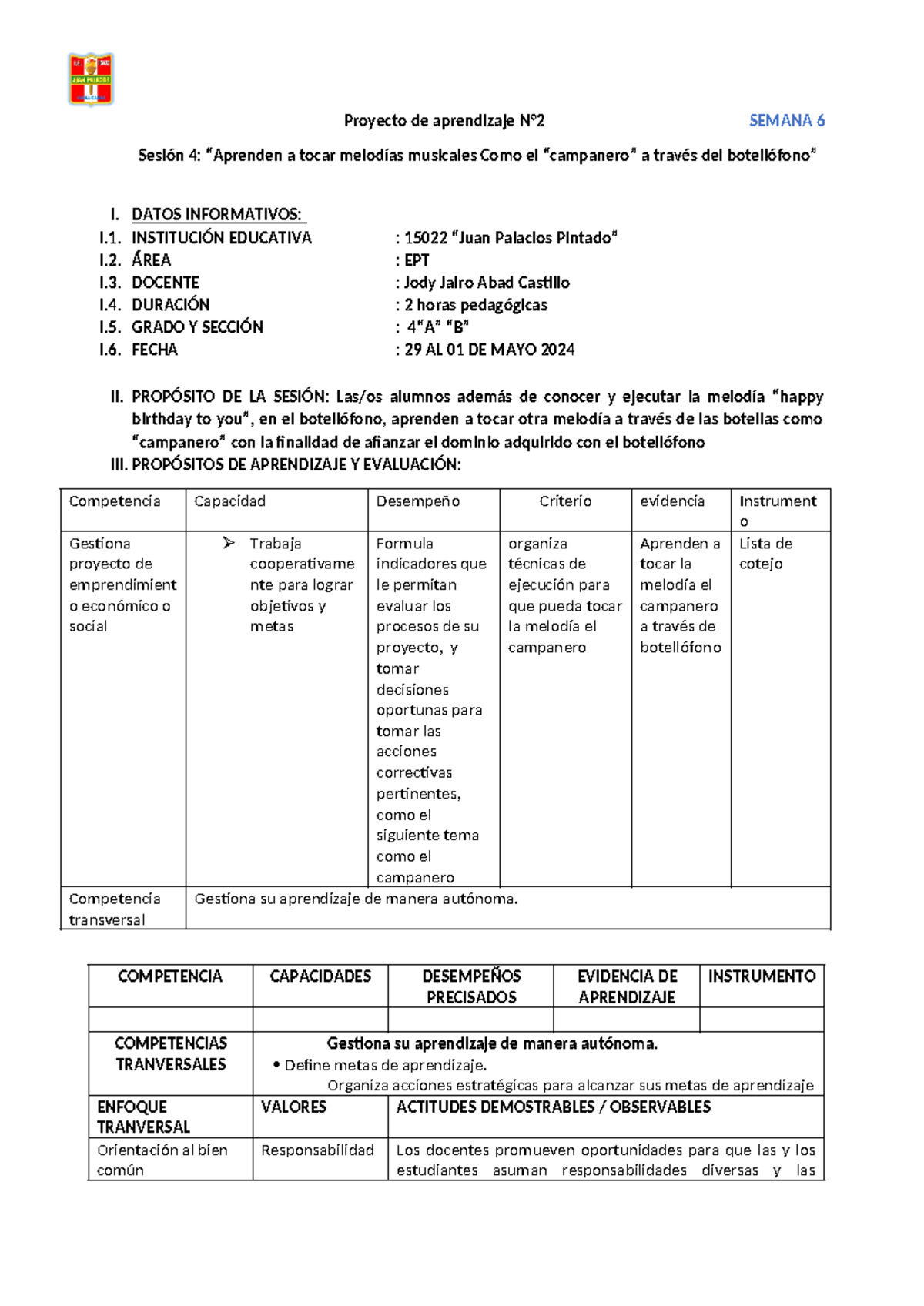 Sesion DE Aprendizaje N°6 - Proyecto de aprendizaje N°2 SEMANA 6 Sesión 4: “Aprenden a tocar ...