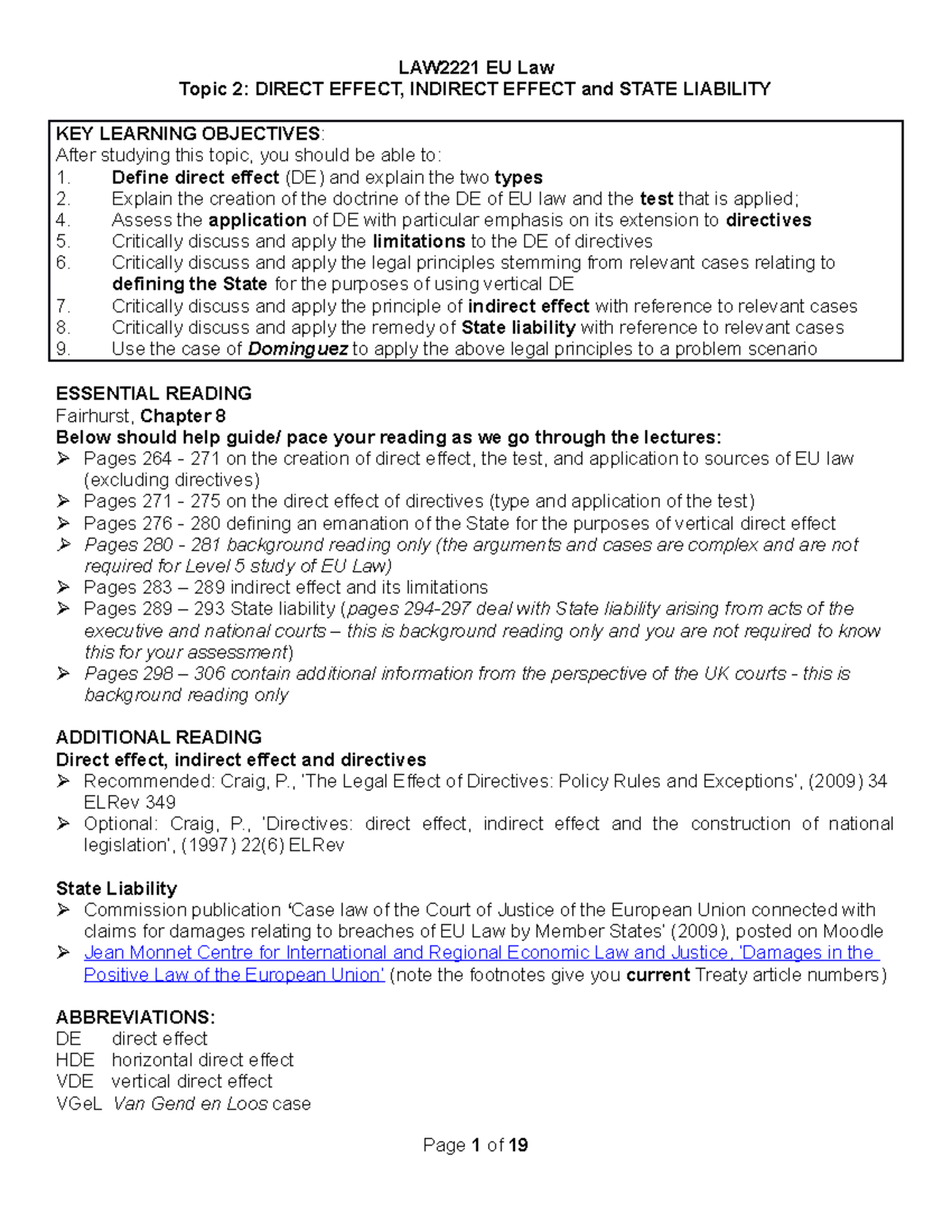 Direct Indirect Effect State Liability Law2221 Eu Law Topic 2 Direct Effect Indirect